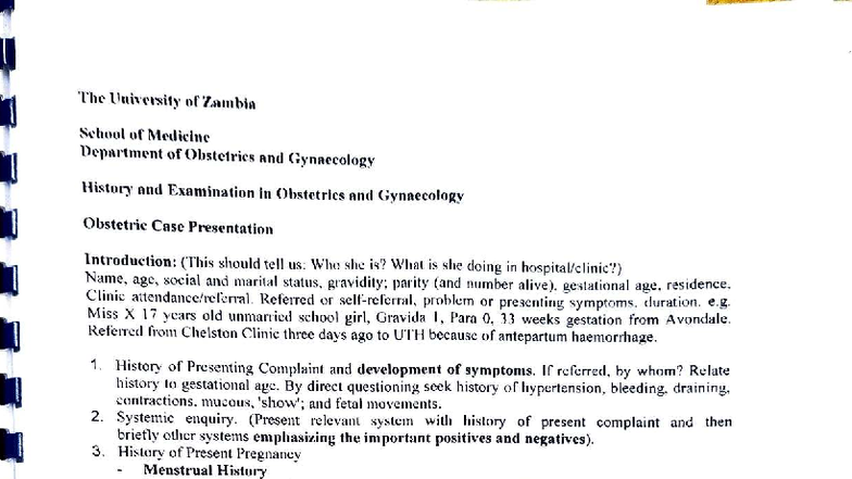 UNZA OBG 5010 Obstetric Case Presentation: History & Examination Guide ...