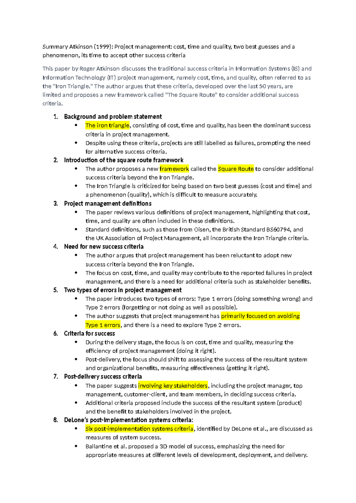 Summary of Atkinson's Framework on Project Management Success Criteria ...