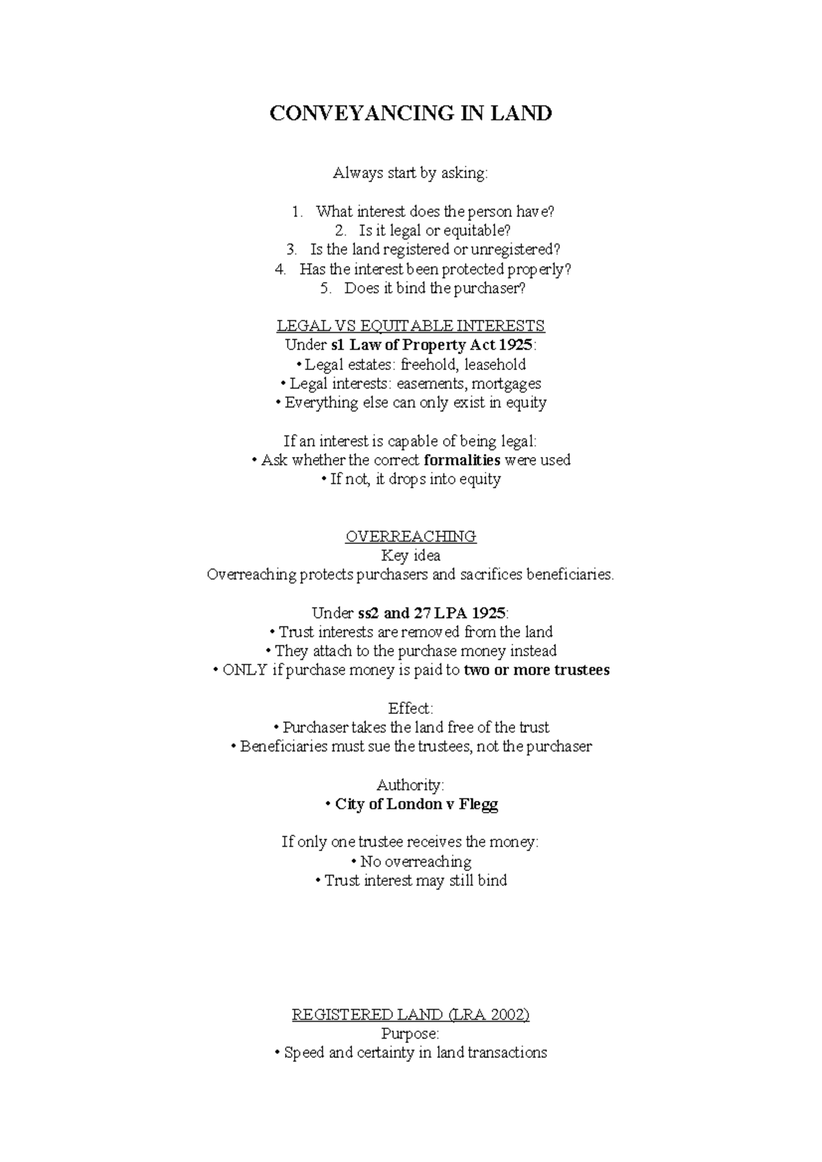 Conveyancing in Land: Revision Notes for Property Law (LPA 1925, LRA ...