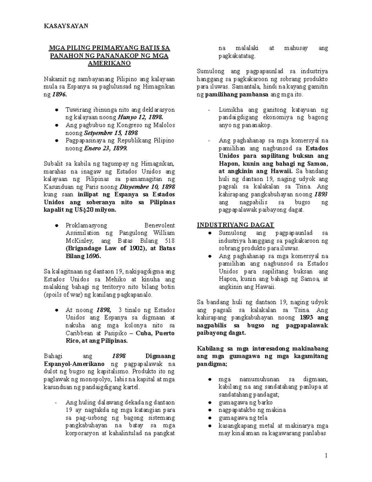 MGA PILING PRIMARYANG BATIS SA PANANAKOP NG MGA AMERIKANO - Studocu