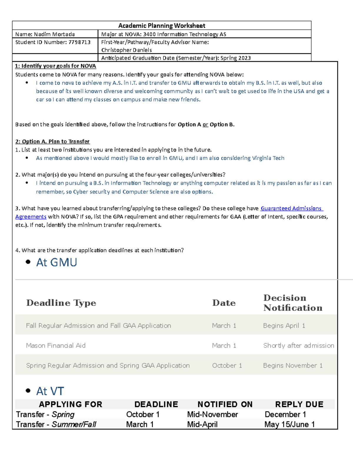 NOVA IT Academic Planning Worksheet for Transfer Goals and Options ...
