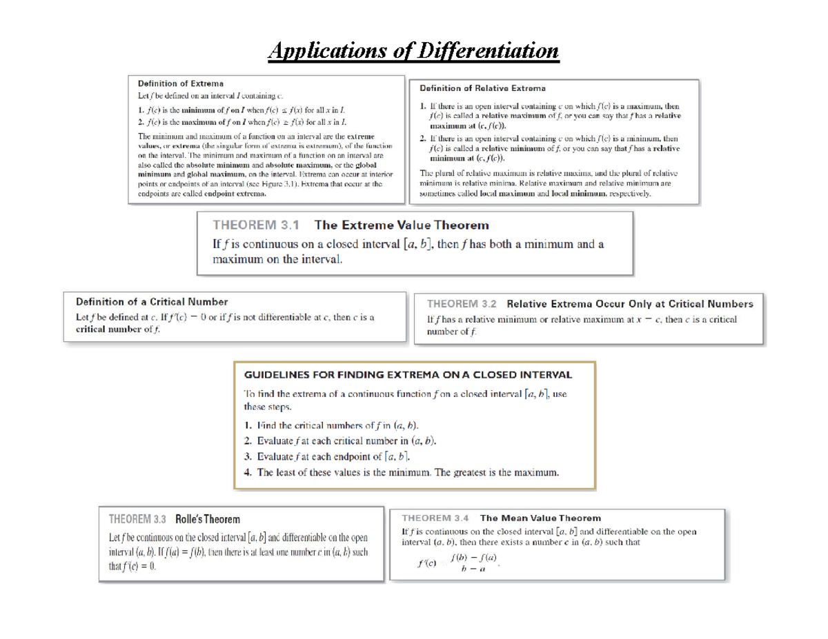 Applications of Differentiation: Extrema and Critical Numbers (Chap3 ...