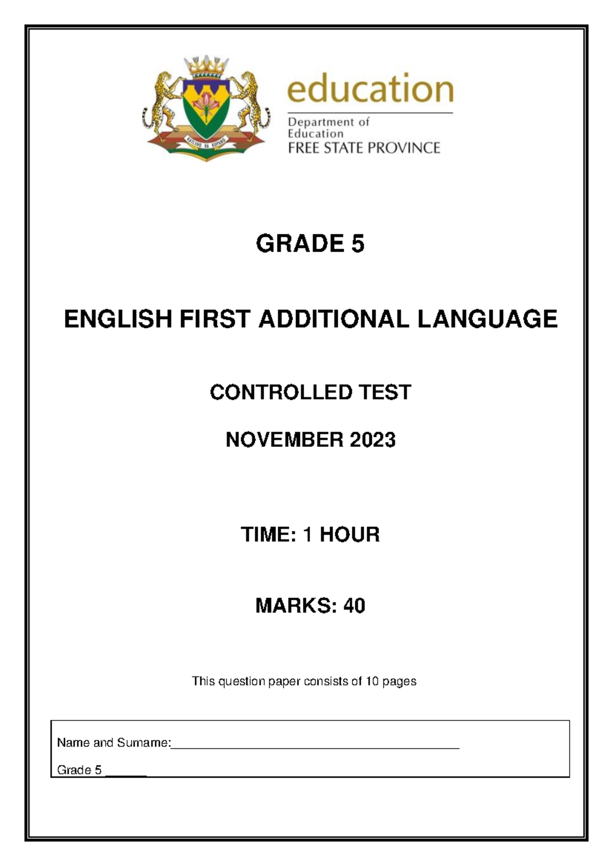 English Grade 5 FAL Term 4 Controlled Test November 2023 - EFAL Task 9 ...