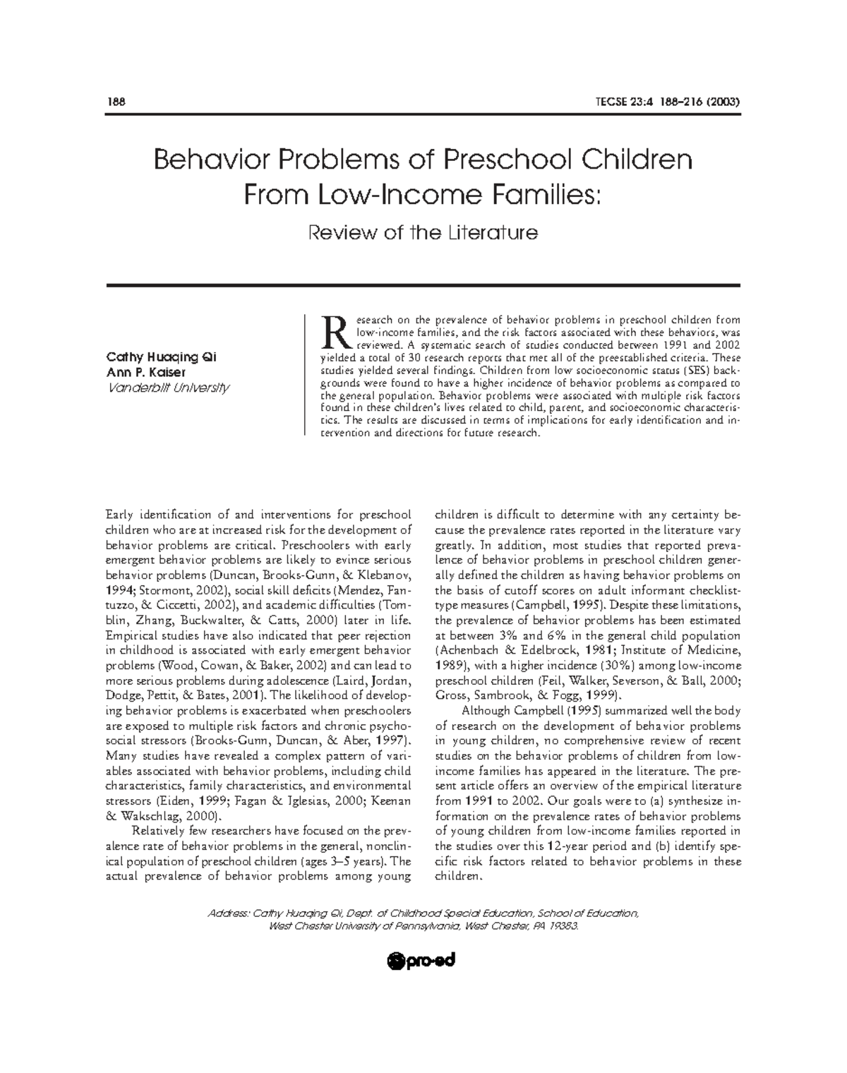 Behavior Problems in Preschool Children: A Review of Literature (188 ...