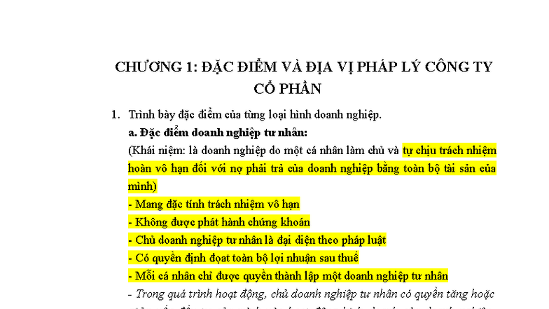 ÔN THI CUỐI KỲ KẾ TOÁN CÔNG TY: ĐẶC ĐIỂM CÁC LOẠI HÌNH DOANH NGHIỆP ...