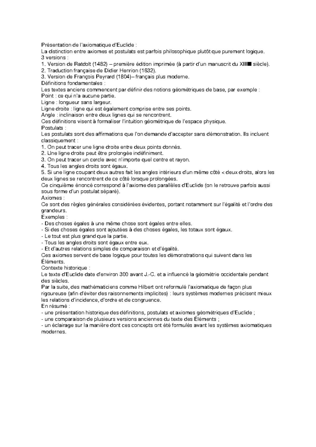 Axiomes d'Euclide : Distinction entre Postulats et Axiomes - Studocu