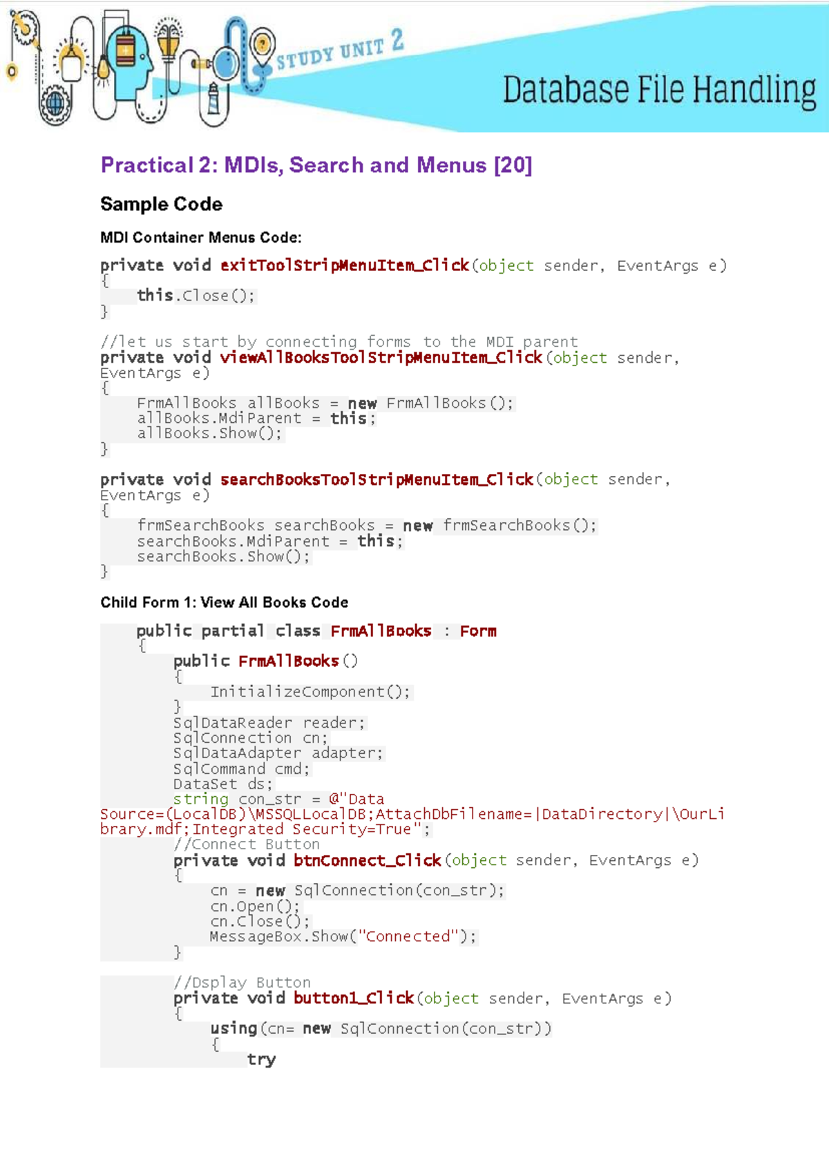Practical 2: MDI Container and Menu Sample Code (120758) - Studocu