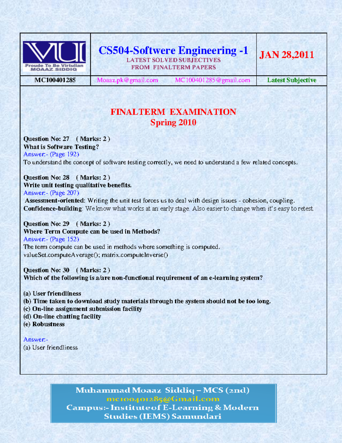 Cs504 Finalterm Subjective Solved With References By Moaaz Cs504 Softwere Engineering 