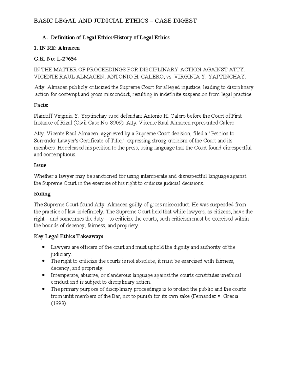 BASIC LEGAL AND JUDICIAL ETHICS CASE DIGEST FOR BAR EXAM STUDY - Studocu