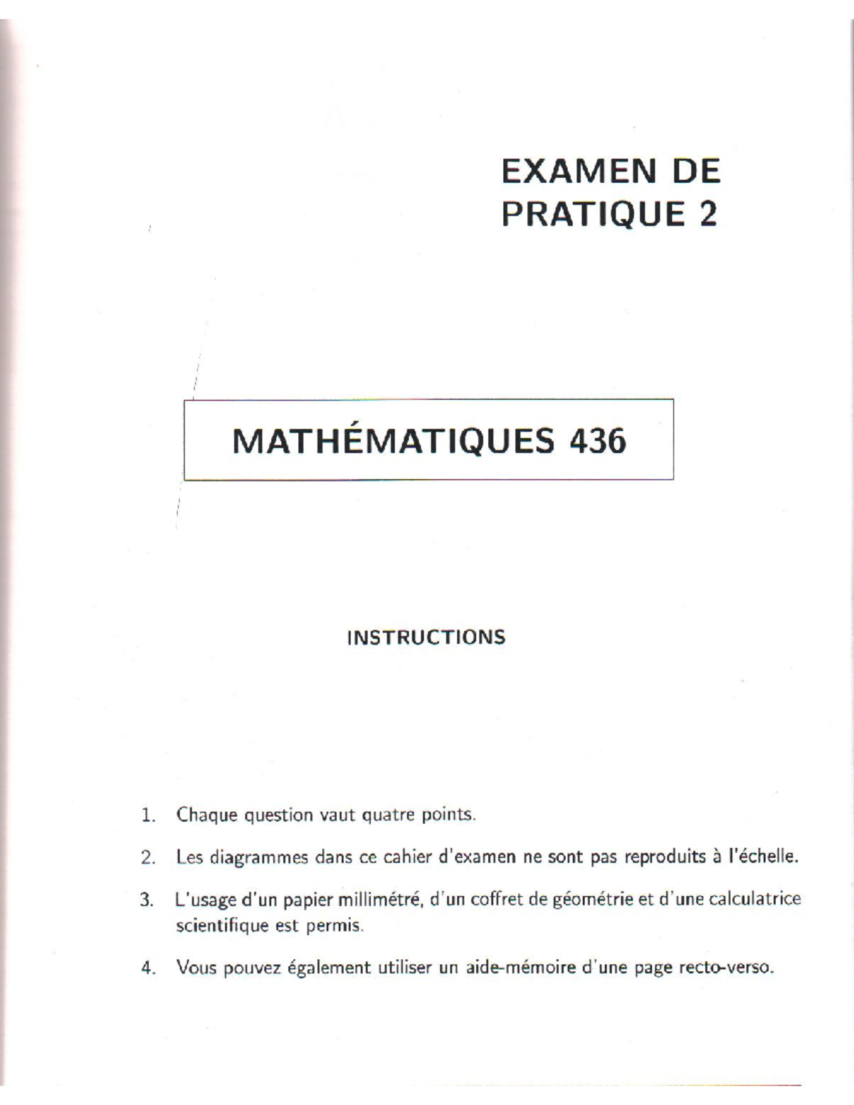 Examen de Pratique 2 Mathématiques 436 - Questions et Instructions ...