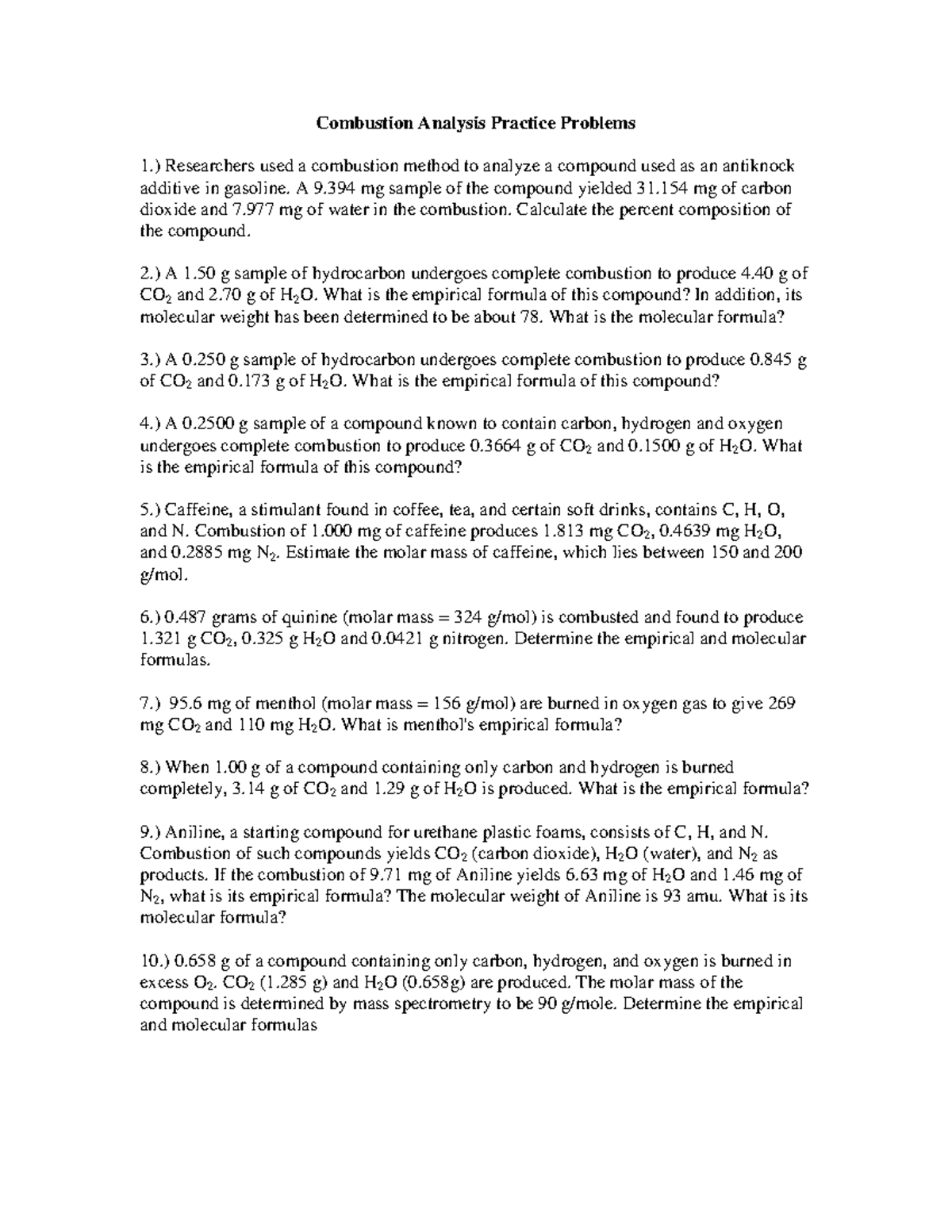 Combustion Analysis Practice Problems for CHEM 101 - Studocu