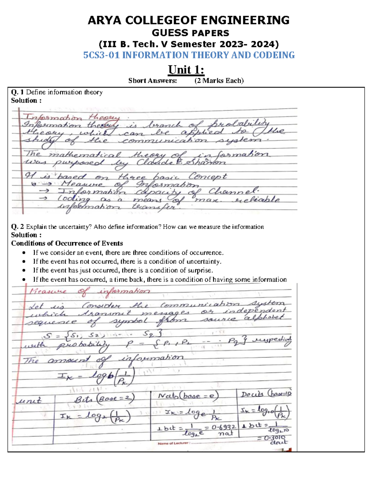 ITC 5CS3-01 Final Exam Guess Paper Solutions (2023-2024) - Studocu