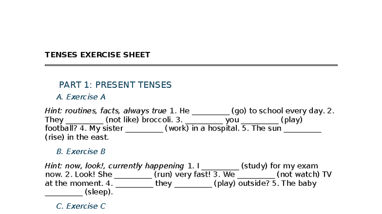Tenses Exercise Sheet - oefeningen engelse tijden - TENSES EXERCISE ...