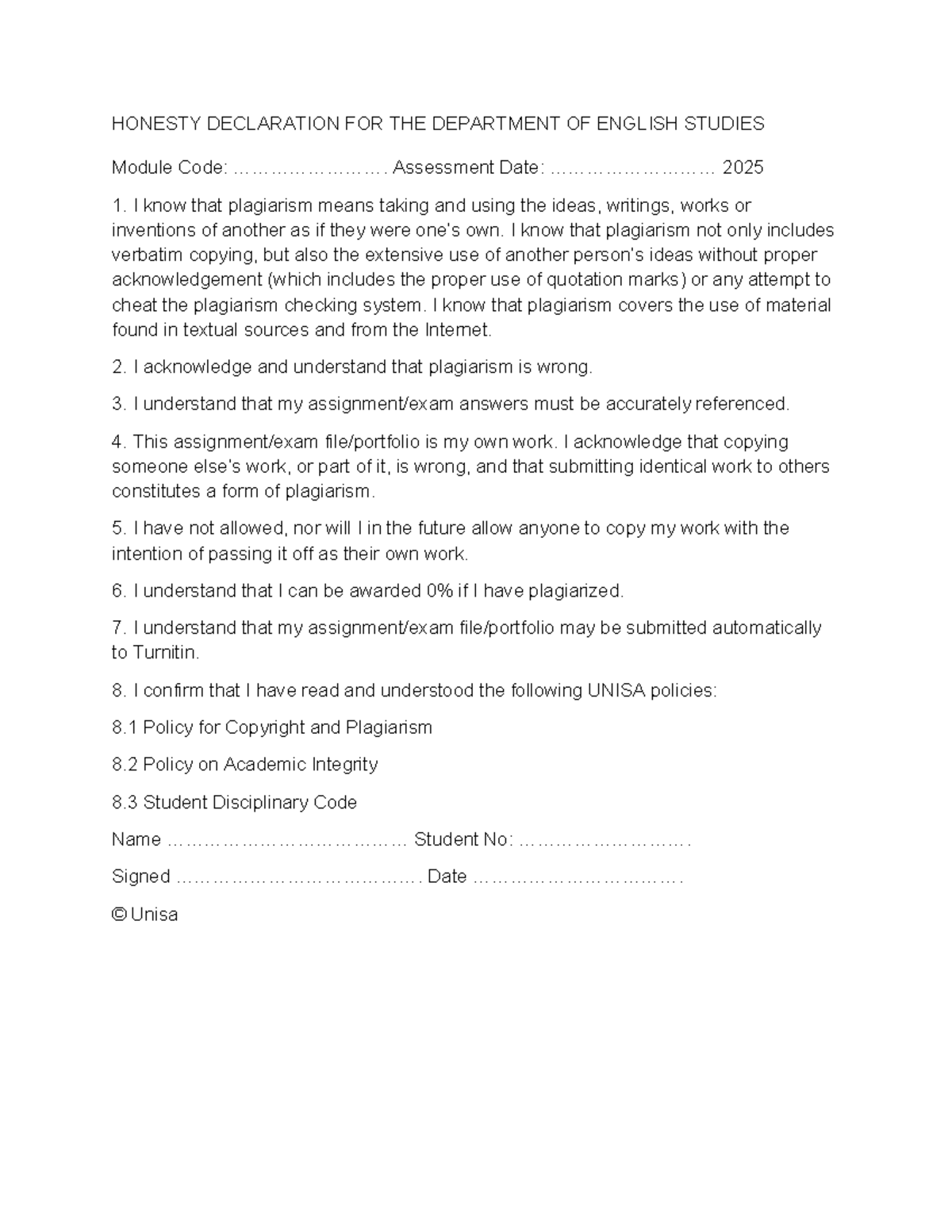 HONESTY DECLARATION FOR ENGLISH STUDIES - Module Code: 2025 - Studocu