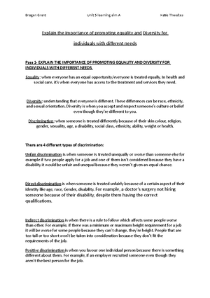 Unit 6 - unit 6 assigment - Unit 6- work experience in health and ...