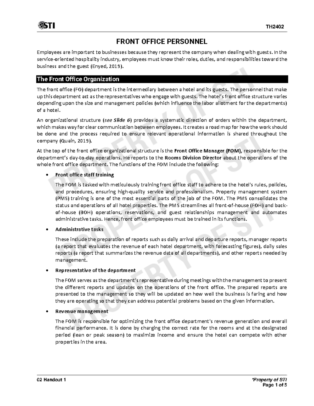 TH2402 FRONT OFFICE PERSONNEL: Roles, Responsibilities, and Operations ...