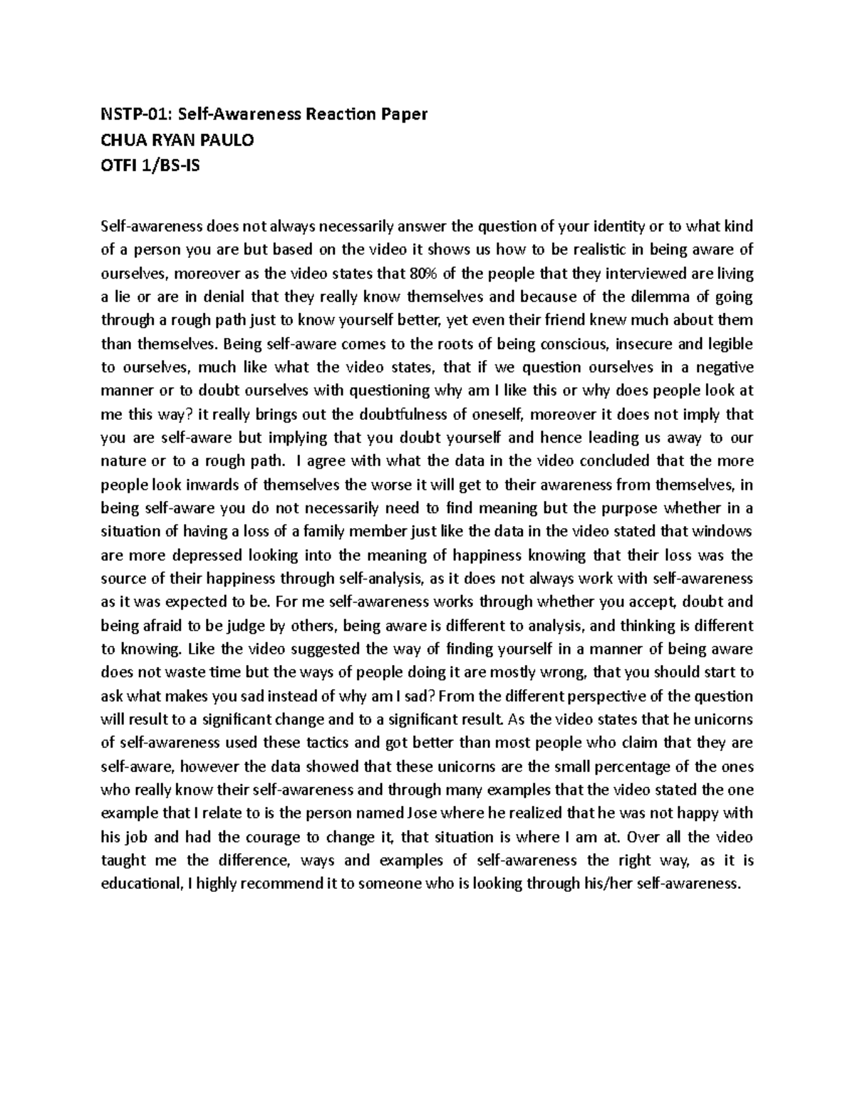 Self-Awreness Reaction Paper - Being self-aware comes to the roots of ...