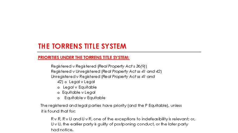 Real Property Law - Exam Notes on Torrens Title System - Studocu