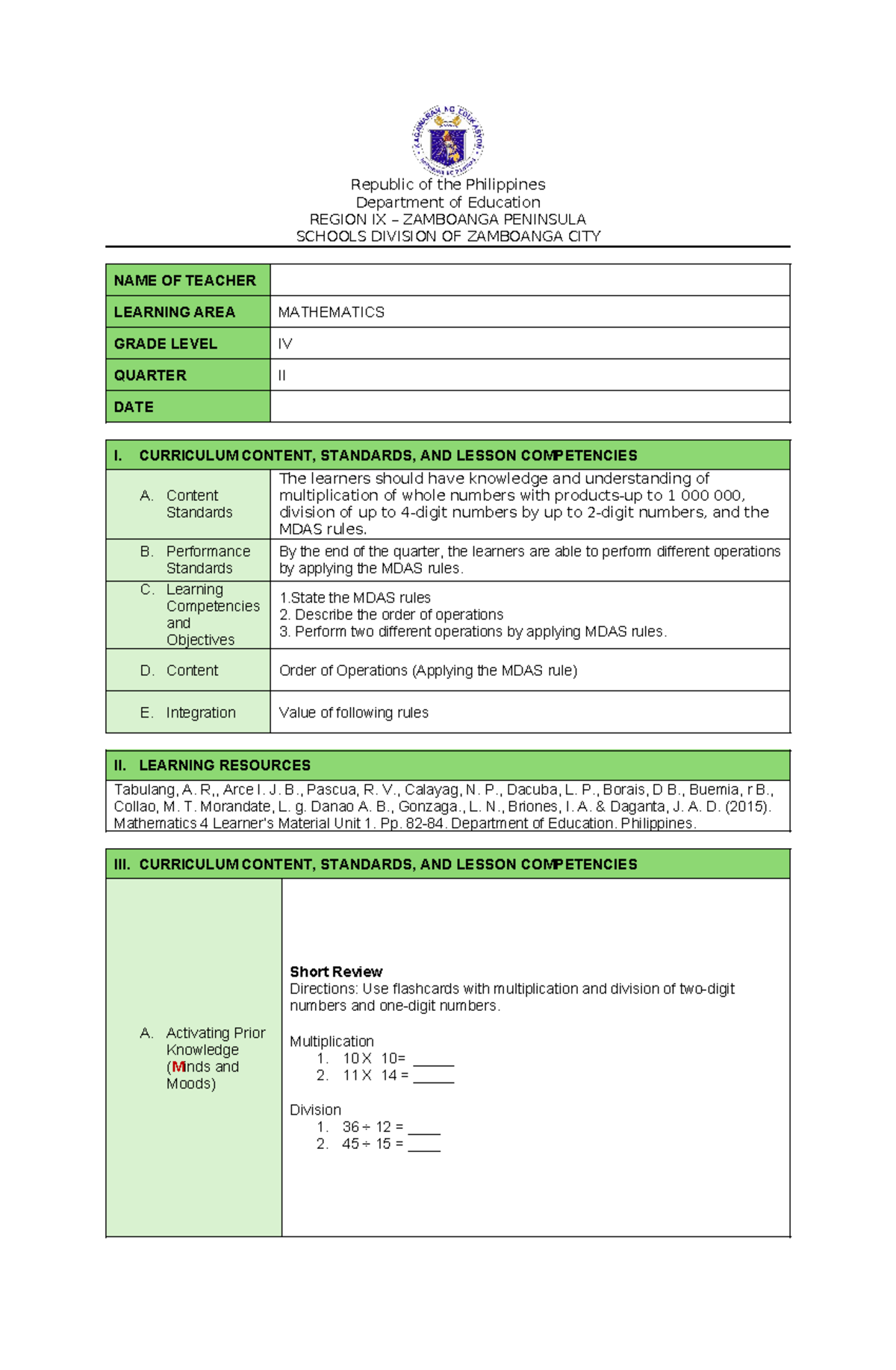 MATH 4 Lesson Plan: Understanding MDAS for Grade IV Students - Studocu