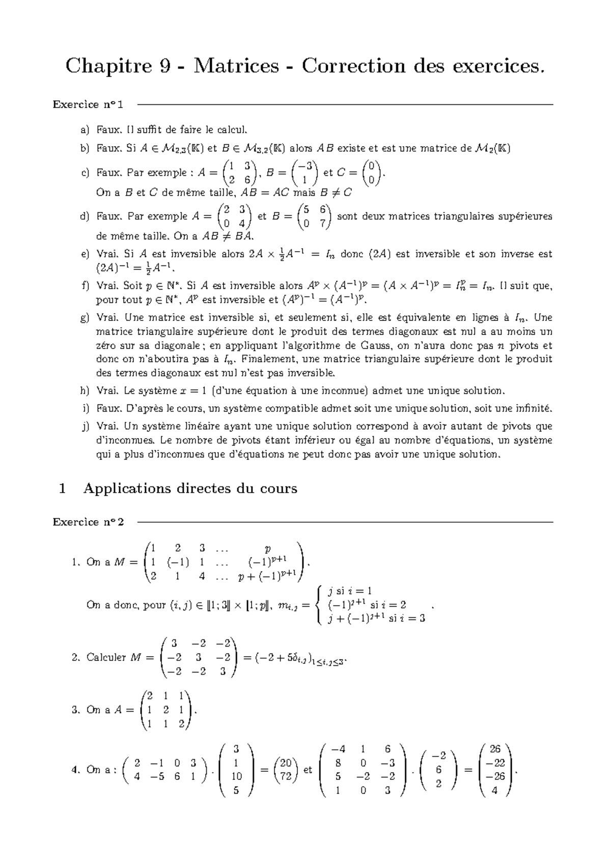 Exercices corrigés - Chapitre 9 : Matrices (Maths 101) - Studocu