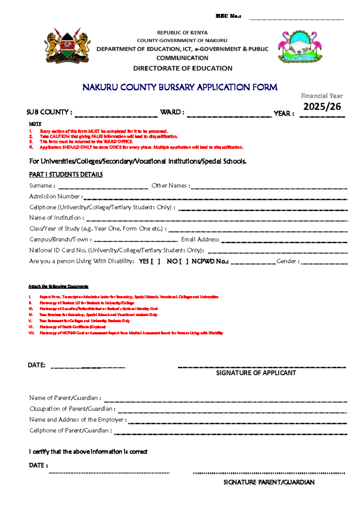 Nakuru County Bursary Application Form 2025-26 - Studocu
