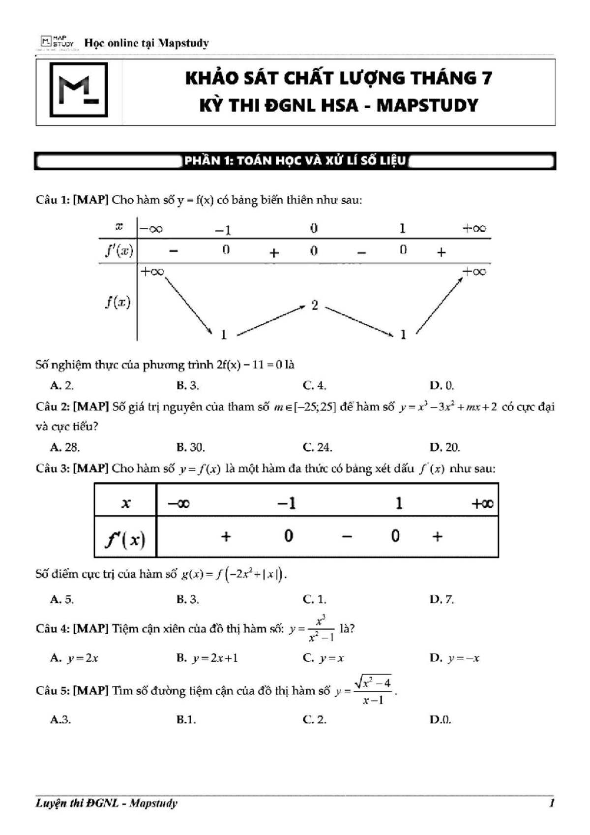 HSA-T7 - Luyện Thi ĐGNL Mapstudy Tháng 7: Câu Hỏi và Giải Thích - Studocu