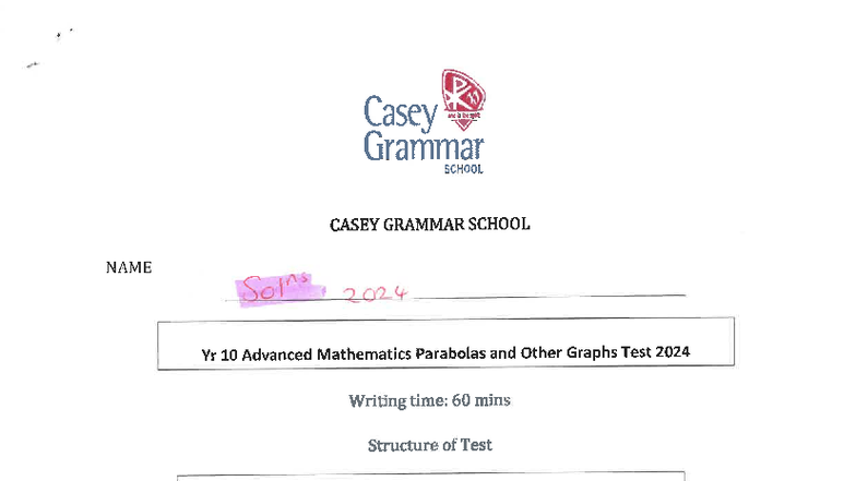 Casey Grammar School Yr 10 Adv Math Test: Parabolas & Graphs 2024 - Studocu
