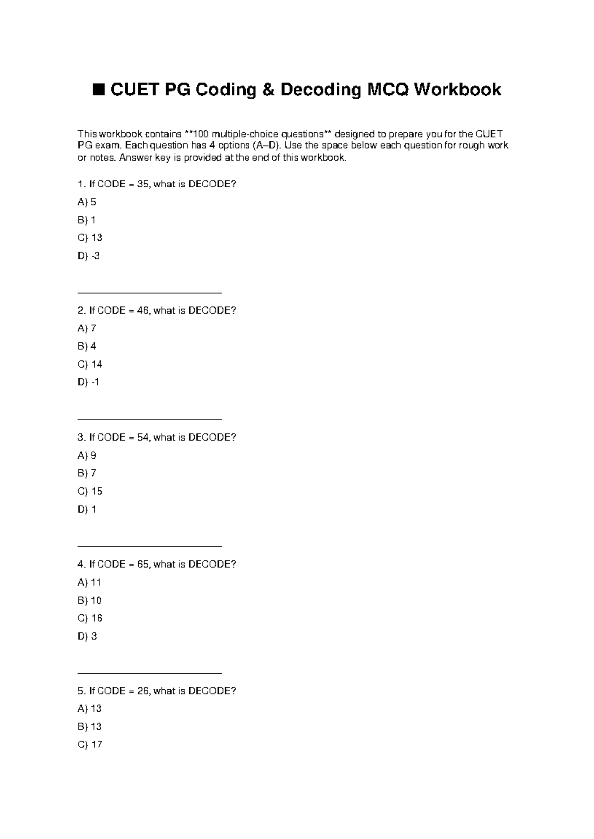 CUET PG Coding Decoding MCQ Practice Workbook - Studocu