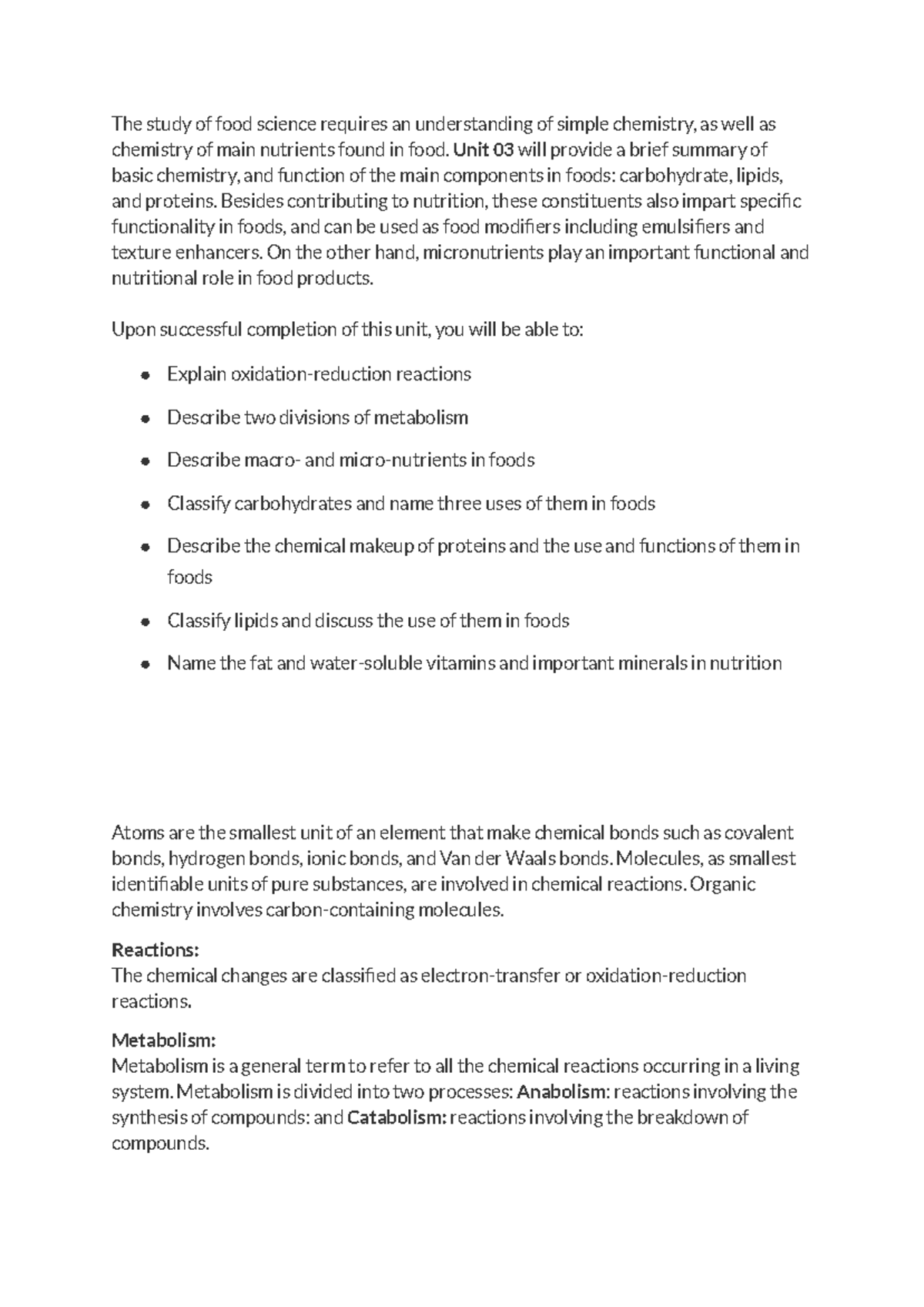 Unit 03: Food Chemistry - Macro & Micro-components Overview - Studocu
