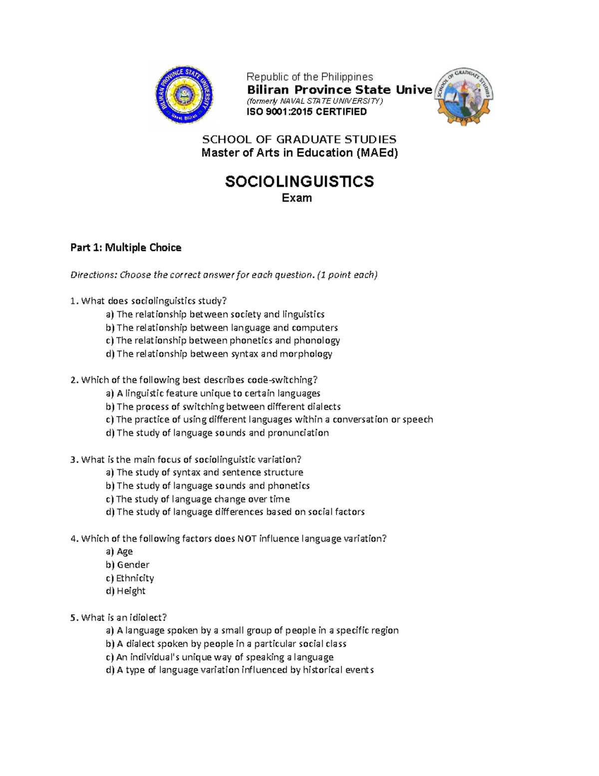 Sociolinguistics MAEd Exam: Multiple Choice, Short Answer & Essay - Studocu