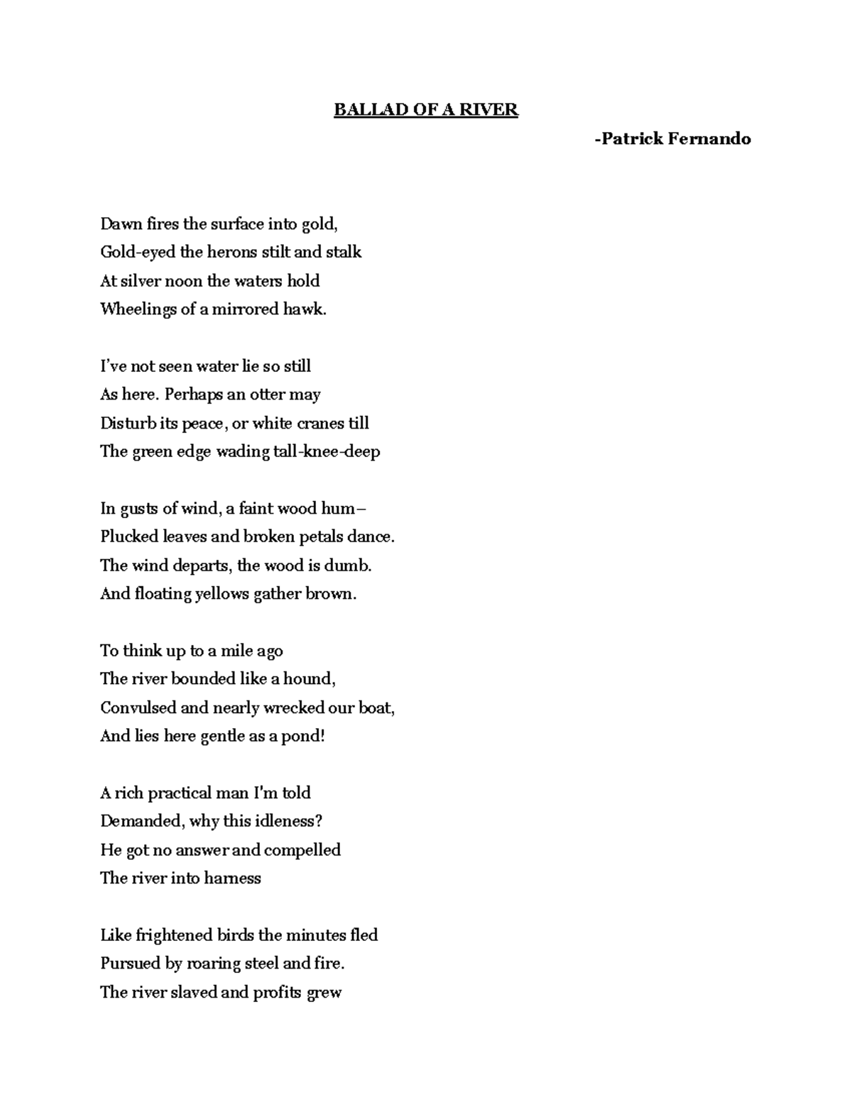 Ballad of a River (ENG 101) - Analysis and Summary of Patrick Fernando ...