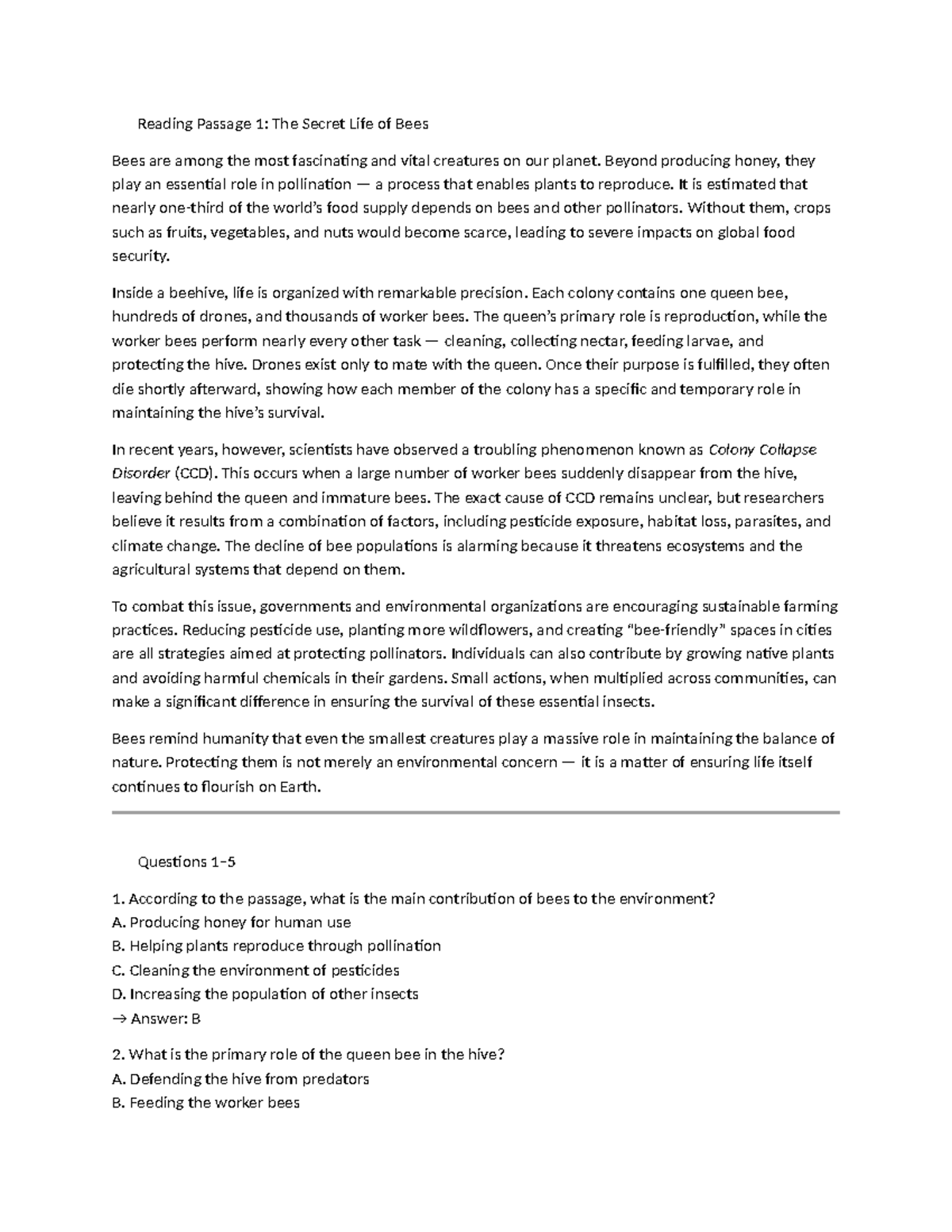 Reading Passage 1: The Vital Role of Bees in Ecosystems - Studocu