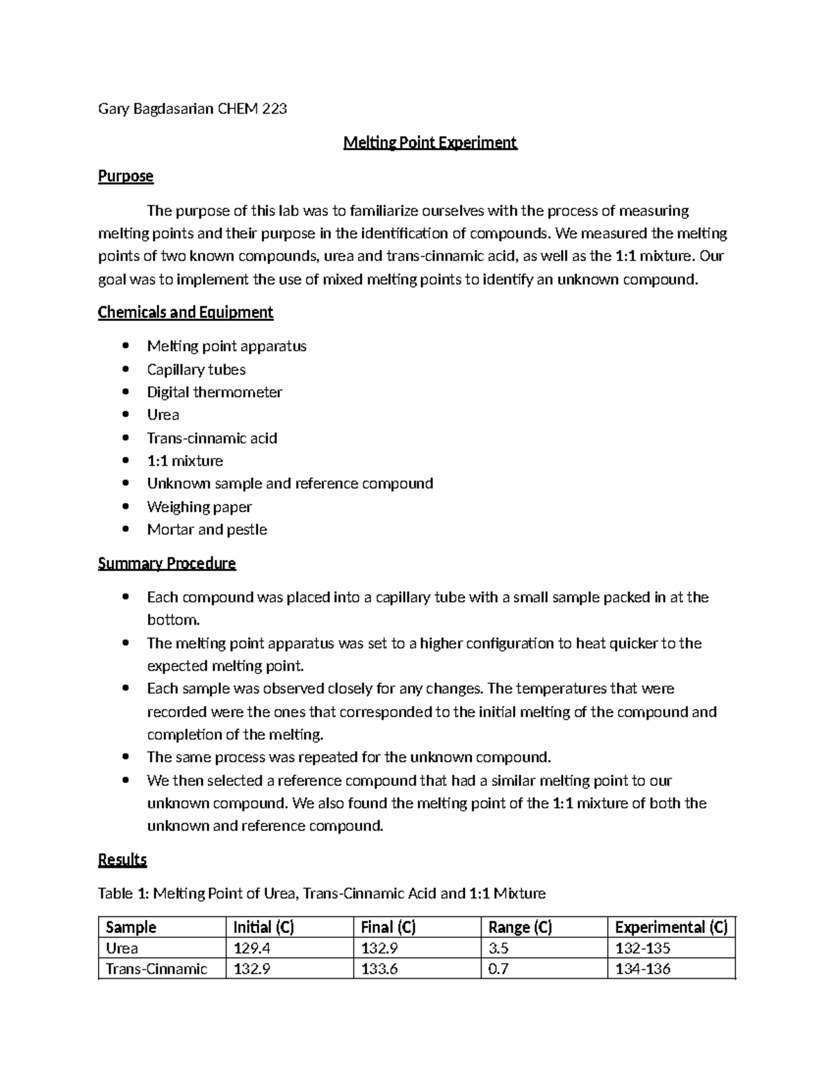 CHEM 223 Melting Point Experiment Lab Report - Studocu