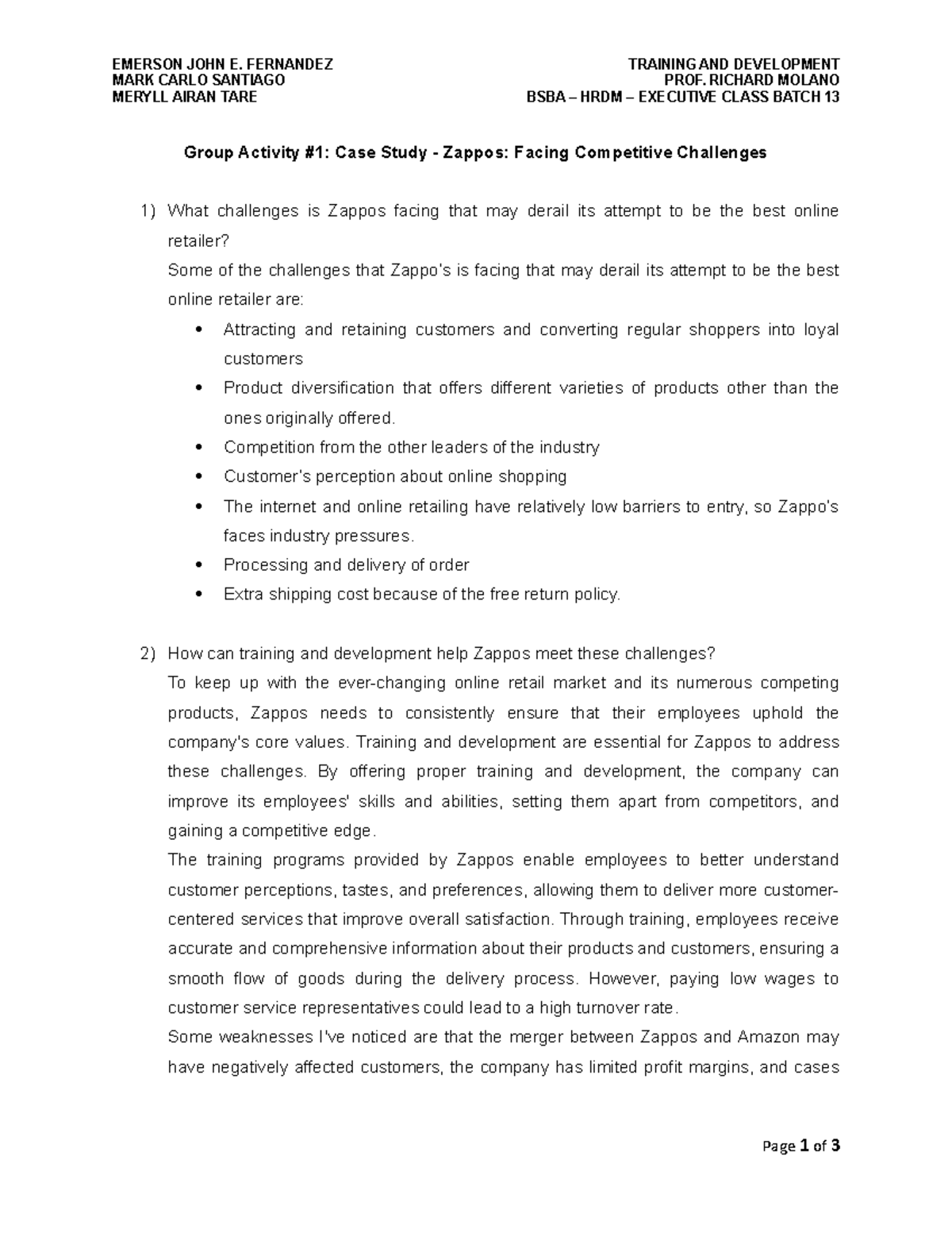Group Activity 1 Case Study - Zappos' Competitive Challenges ...
