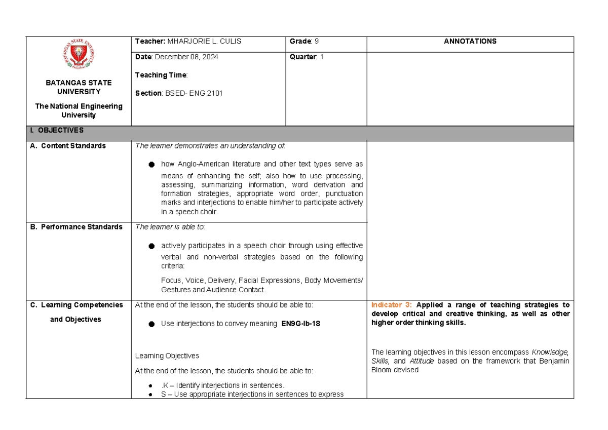 DETAILED LESSON PLAN ON INTERJECTIONS - BSED-ENG 2101 - Studocu