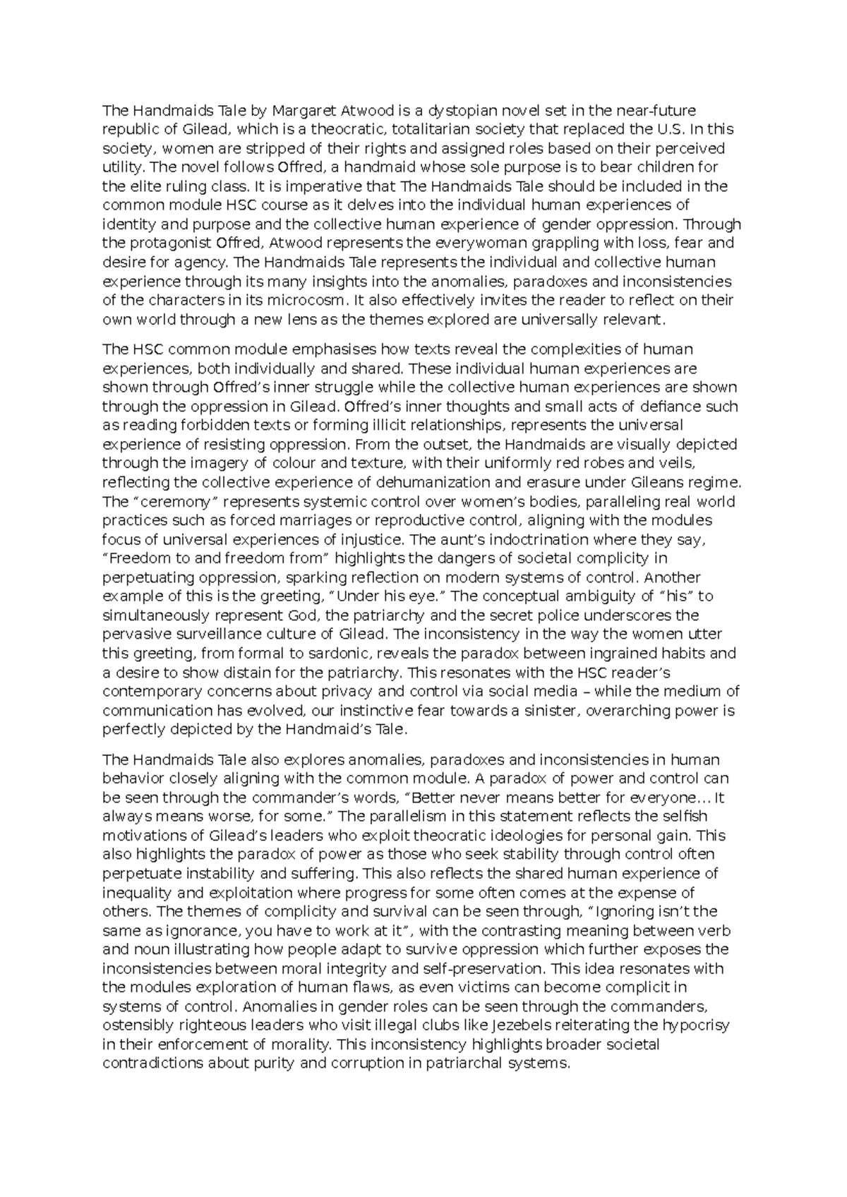 HSC Eng p3 - Analysis of The Handmaid's Tale and Human Experiences ...