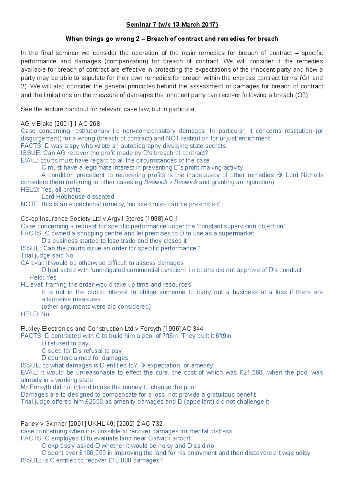 Seminar 7 - breach and remedies for breach - Seminar 7 (w/c 13 March ...