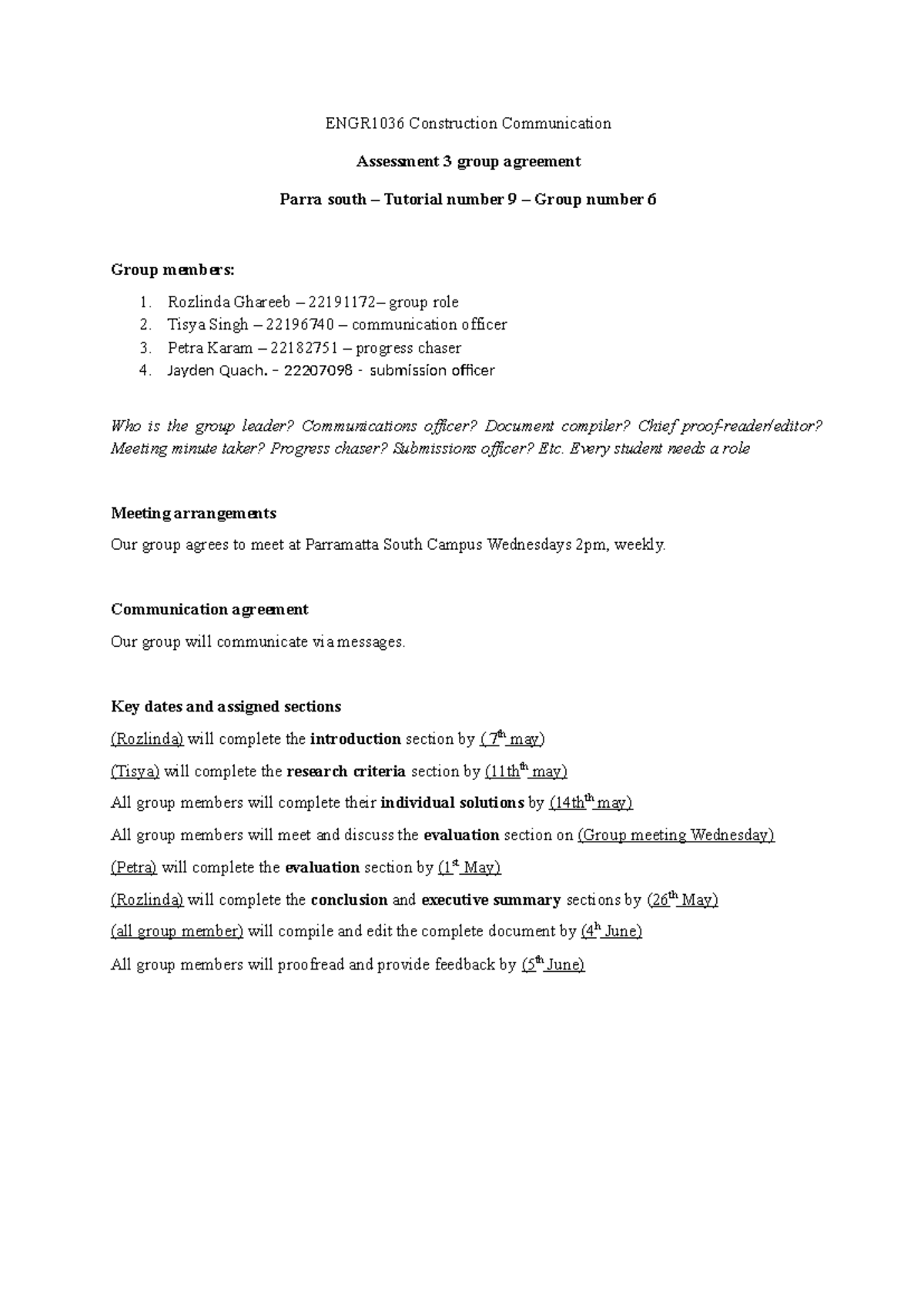 ENGR1036 Construction Communication Assessment 3 Group Agreement ...