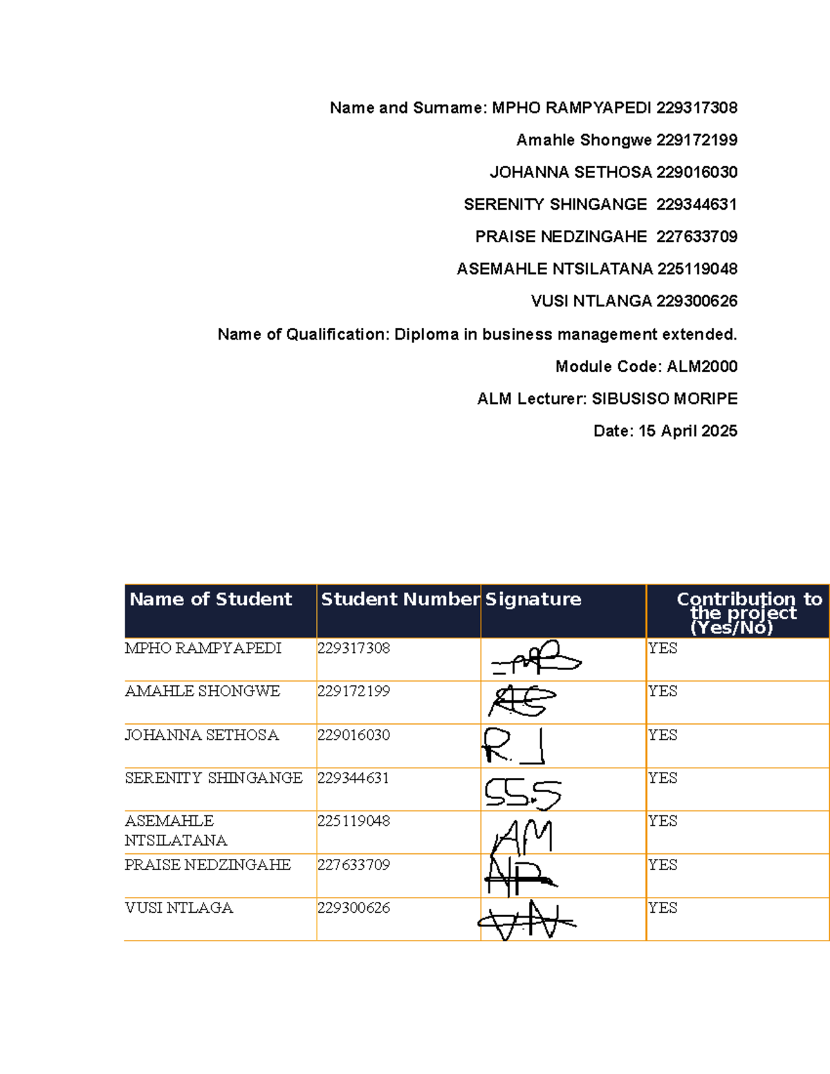 ALM - Project Contribution Report for Hope Family Church - Studocu