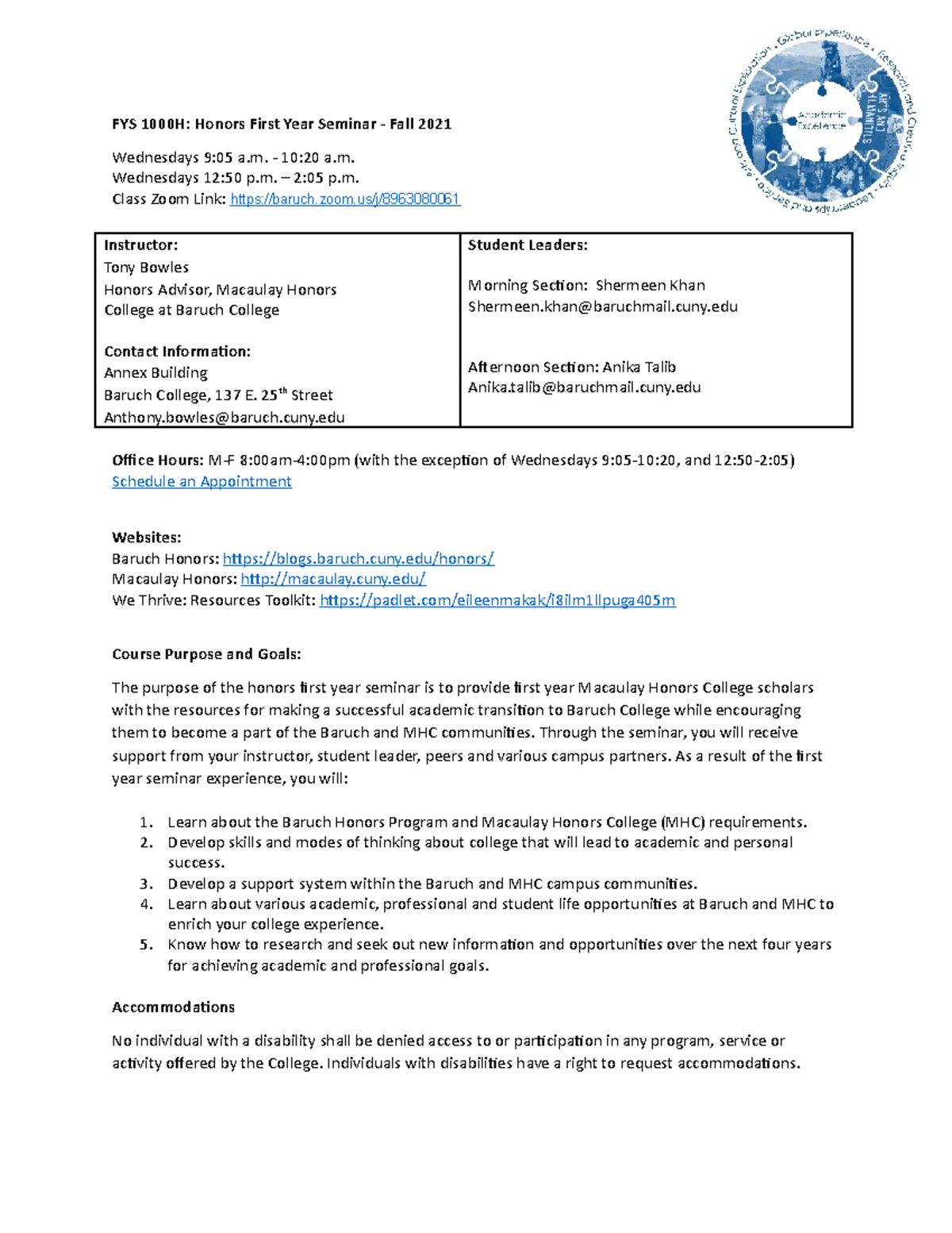 Anthony Bowles FYS Syllabus 21 - FYS 1000H: Honors First Year Seminar ...