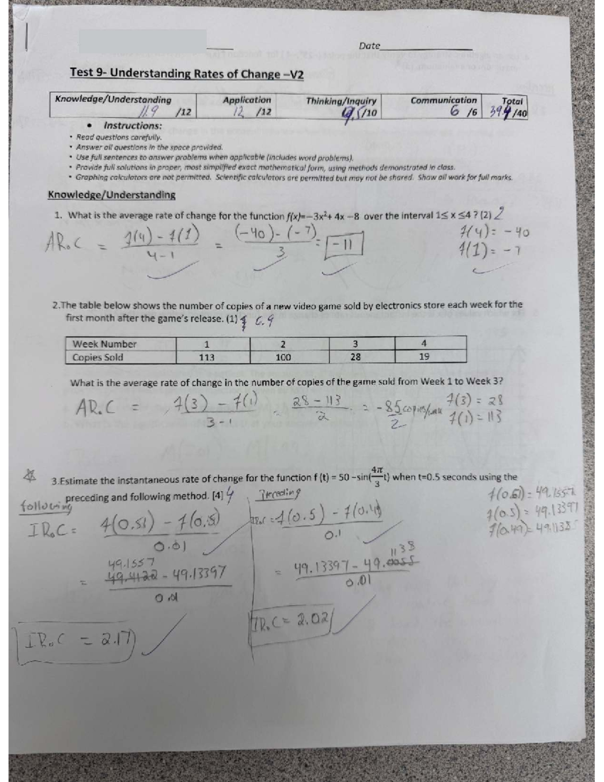 Unit 9 Test Solutions: Understanding Rates of Change - Studocu