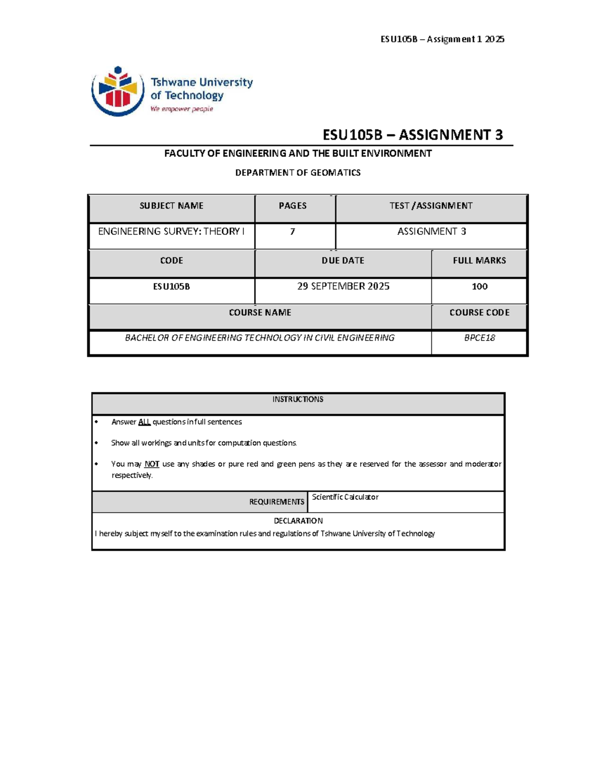 ESU105B Assignment 3: Engineering Survey Theory I 2025 - Studocu