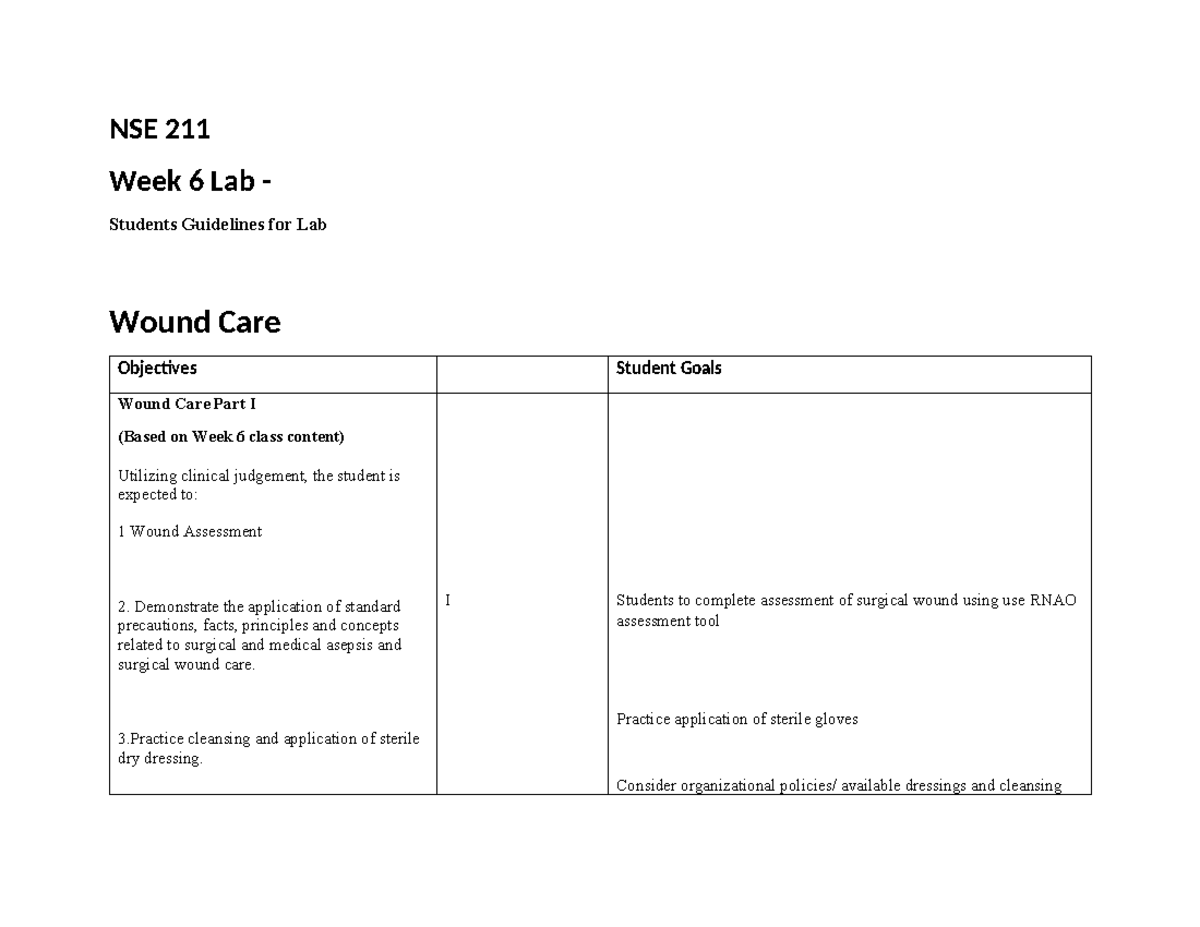NSE 211 Week 6 Lab: Wound Care Guidelines & Student Objectives - Studocu