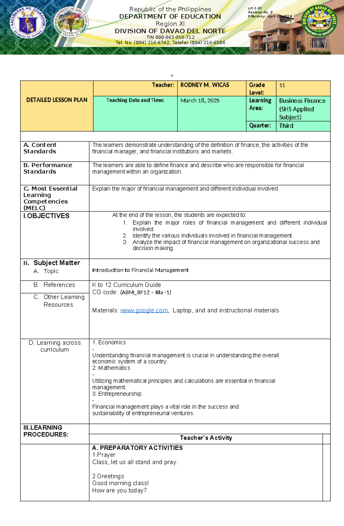 Detailed Lesson Plan on Financial Management (ABM 1) - Studocu