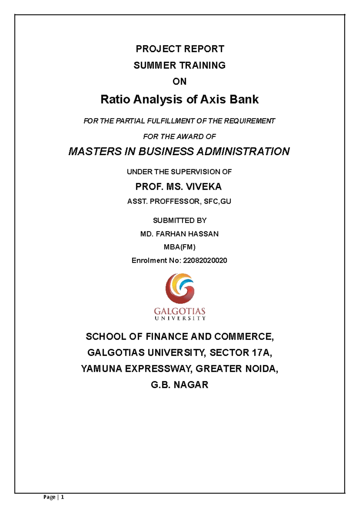 Project Report: Ratio Analysis of Axis Bank for MBA (FM) - Studocu