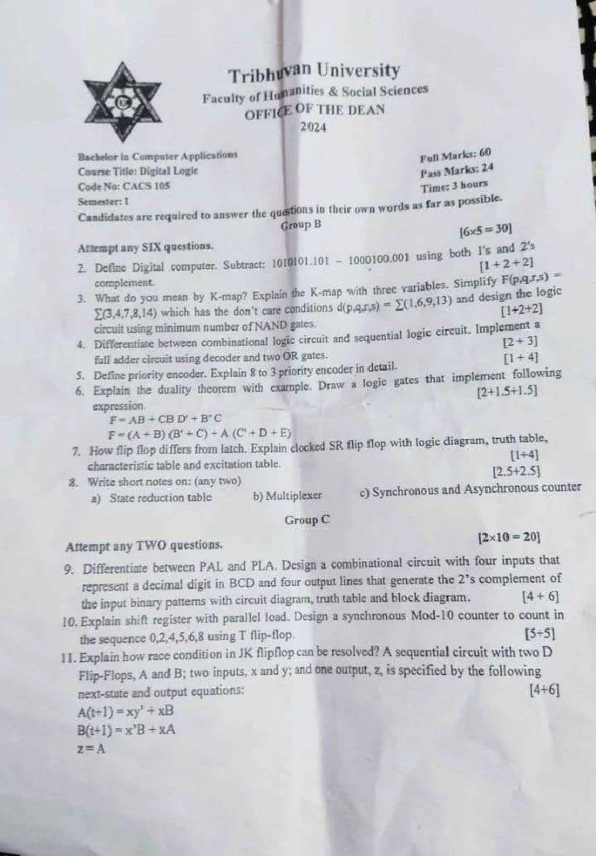 Old Exam Questions for CACS 105 Digital Logic - 2019 - Studocu