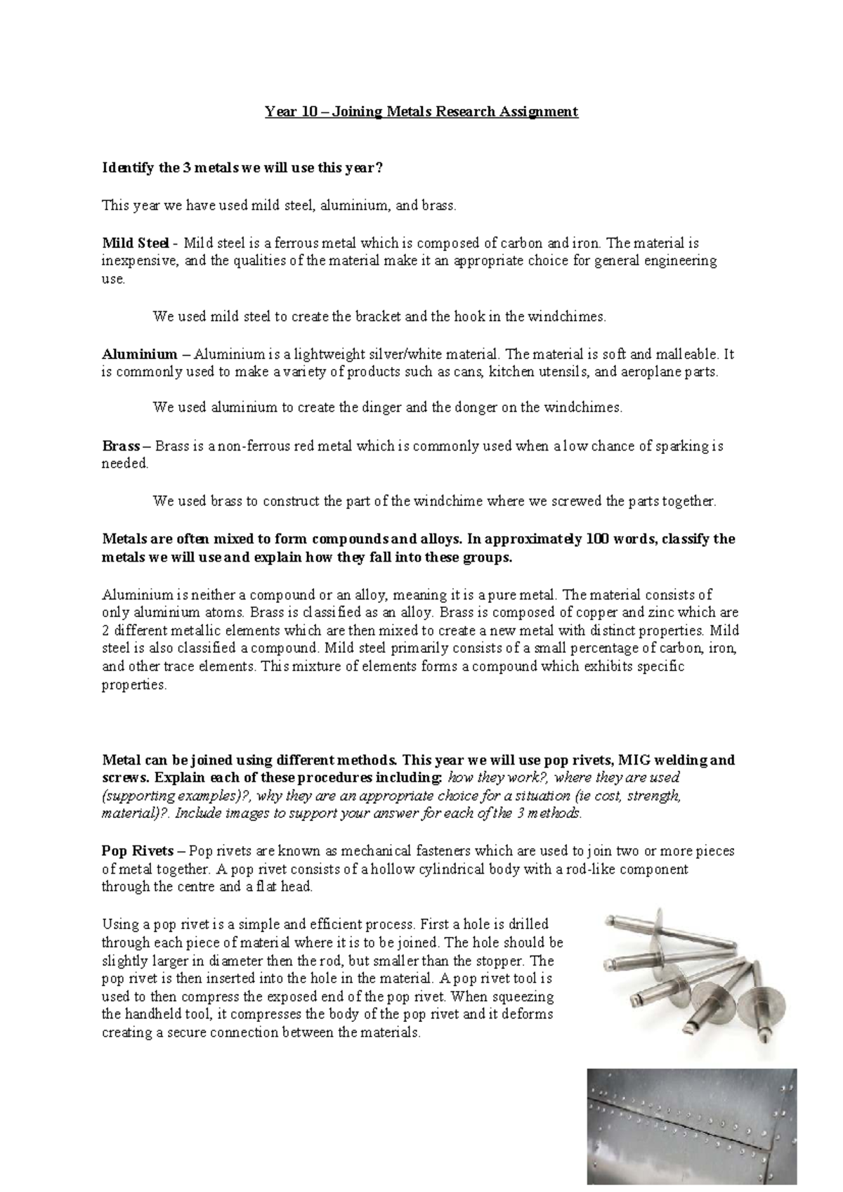 Year 10 Joining Metals Research Assignment: Metals & Joining Methods ...