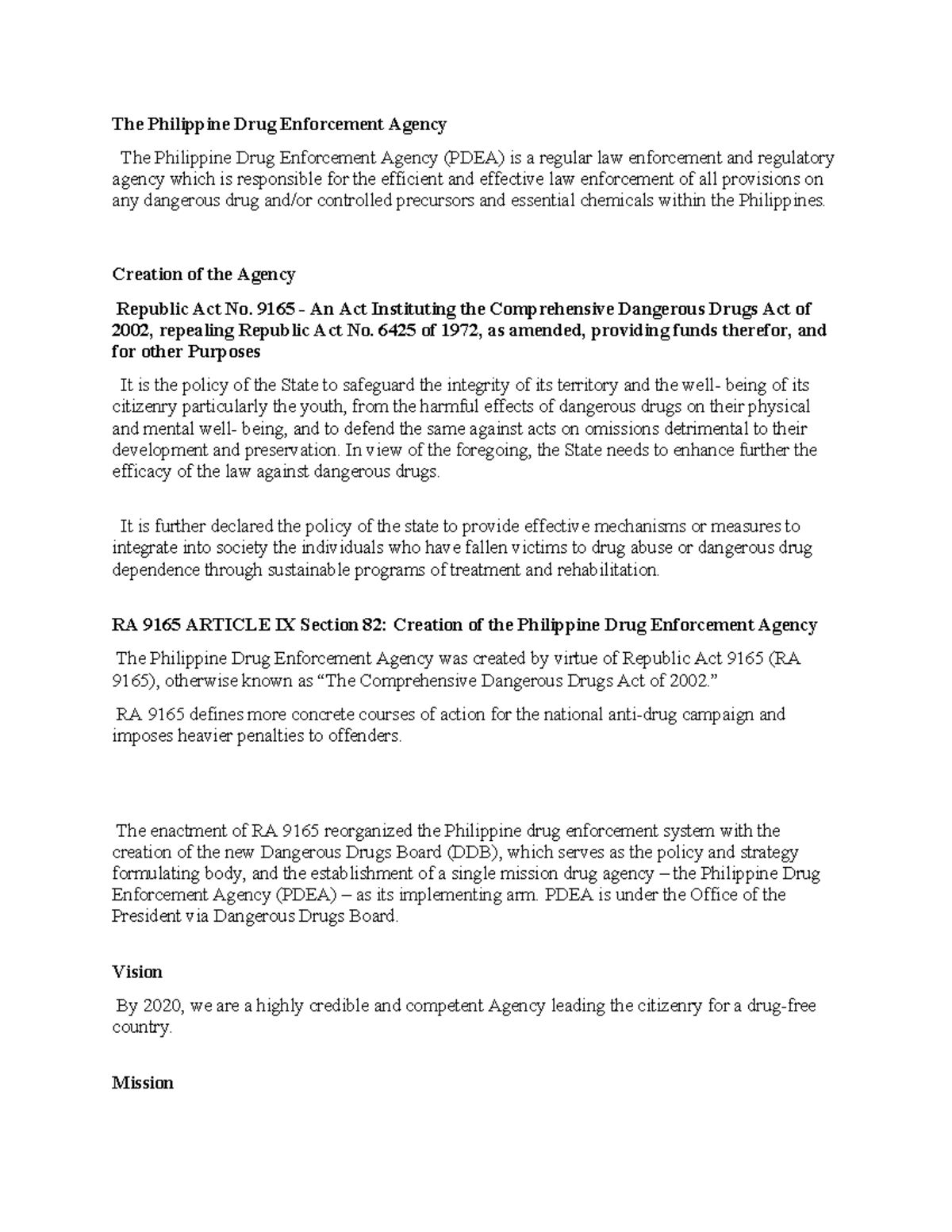 The Philippine Drug Enforcement Agency - Creation of the Agency ...