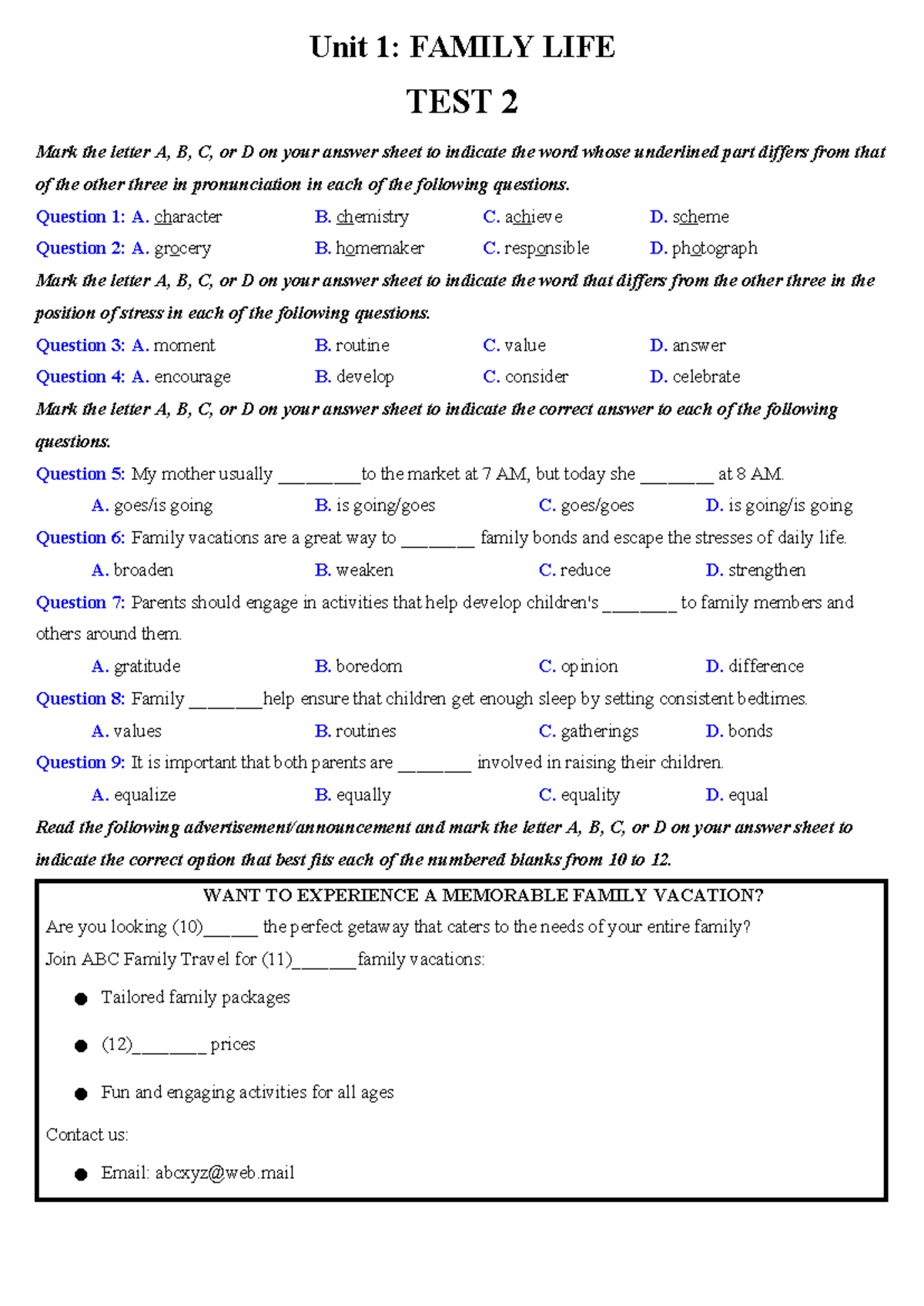 Unit 1: Family Life Test 2 - Global Success 10 (2025) - Studocu