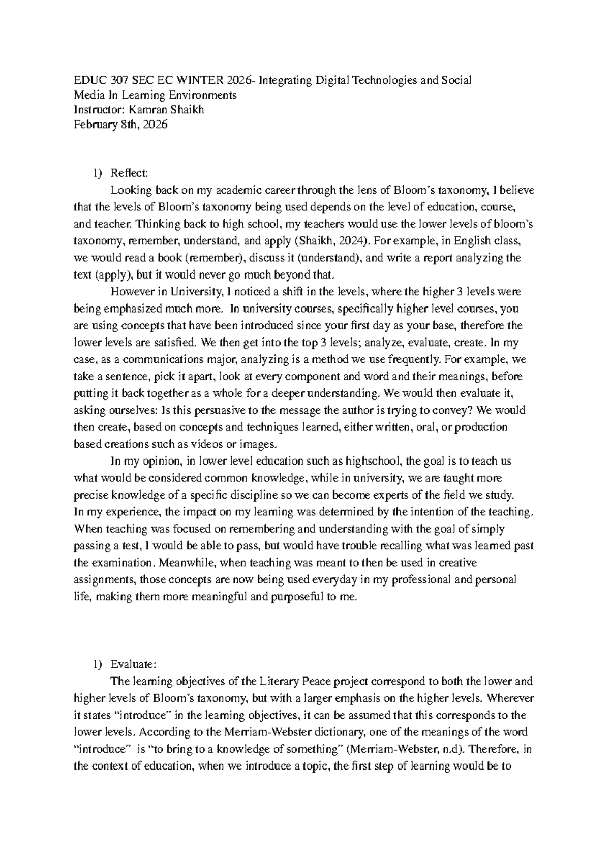 EDUC 307 Journal 1: Reflections on Taxonomy in Learning - Studocu